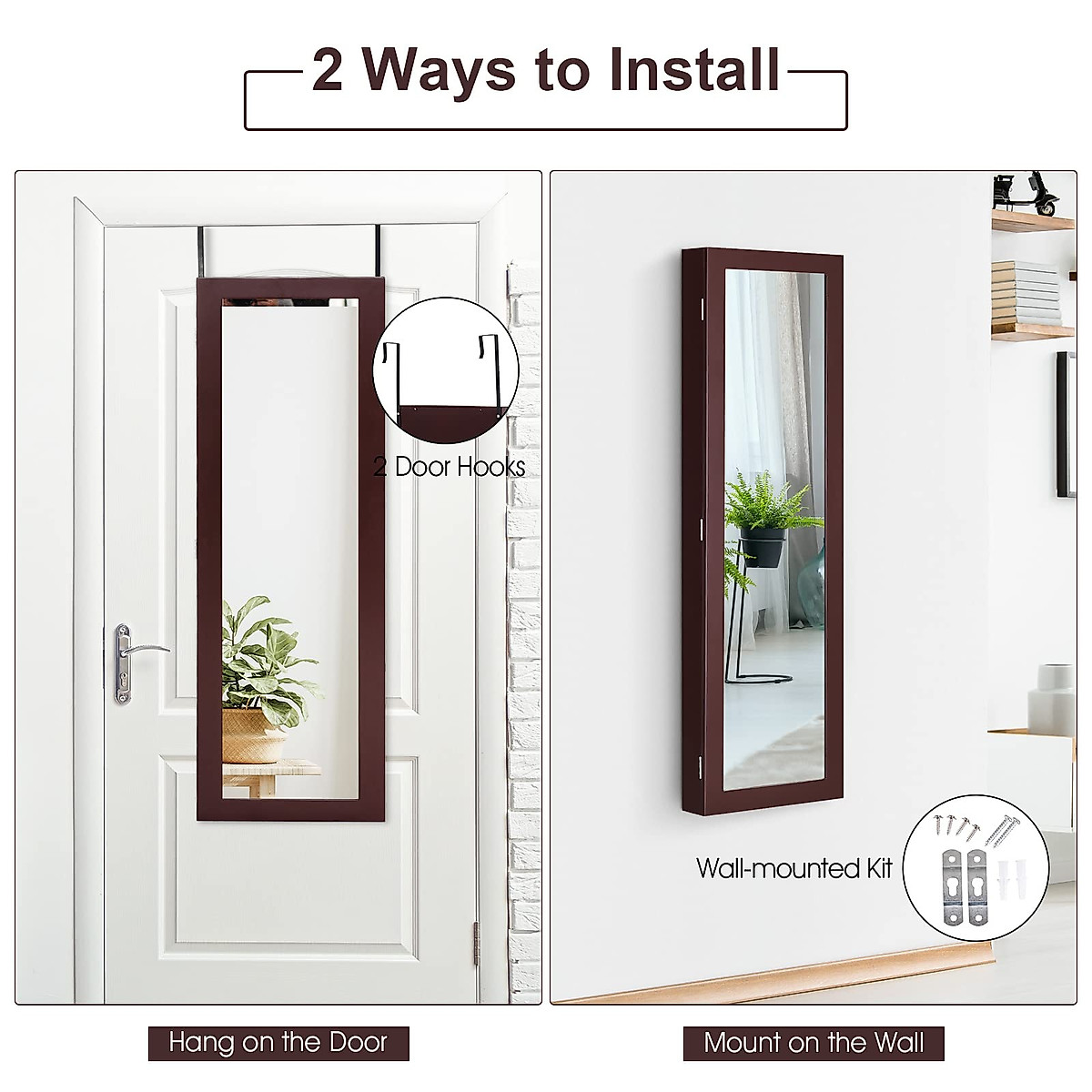 COSTWAY Full Length Mirror Jewelry Cabinet, Wall Door Mounted Jewelry Organizer with Makeup Mirror, Ring Slots and Necklace Hooks, Large Storage Jewelry Armoire for Bedroom, Dressing Room (Brown)