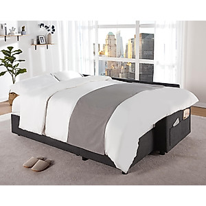 VanAcc Sofa Bed, Sleeper Sofa with USB Charging Ports, L-Shaped Couch with Storage, Pull Out Couch for Living Room, Grey Linen