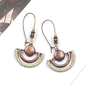 Lightweight Handmade Weave Boho Bohemian Fan Shape Earrings for Women Geometric Dangle Drop Hollow Half Round African Tribal Ethnic Jewelry (Copper)