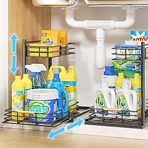 Delamu Under Sink Organizers and Storage, 2 Pack Under Kitchen Sink Organizer, Height Adjustable Bathroom Cabinet Organizer, Pull out Under Cabinet Organizer and Storage, Black