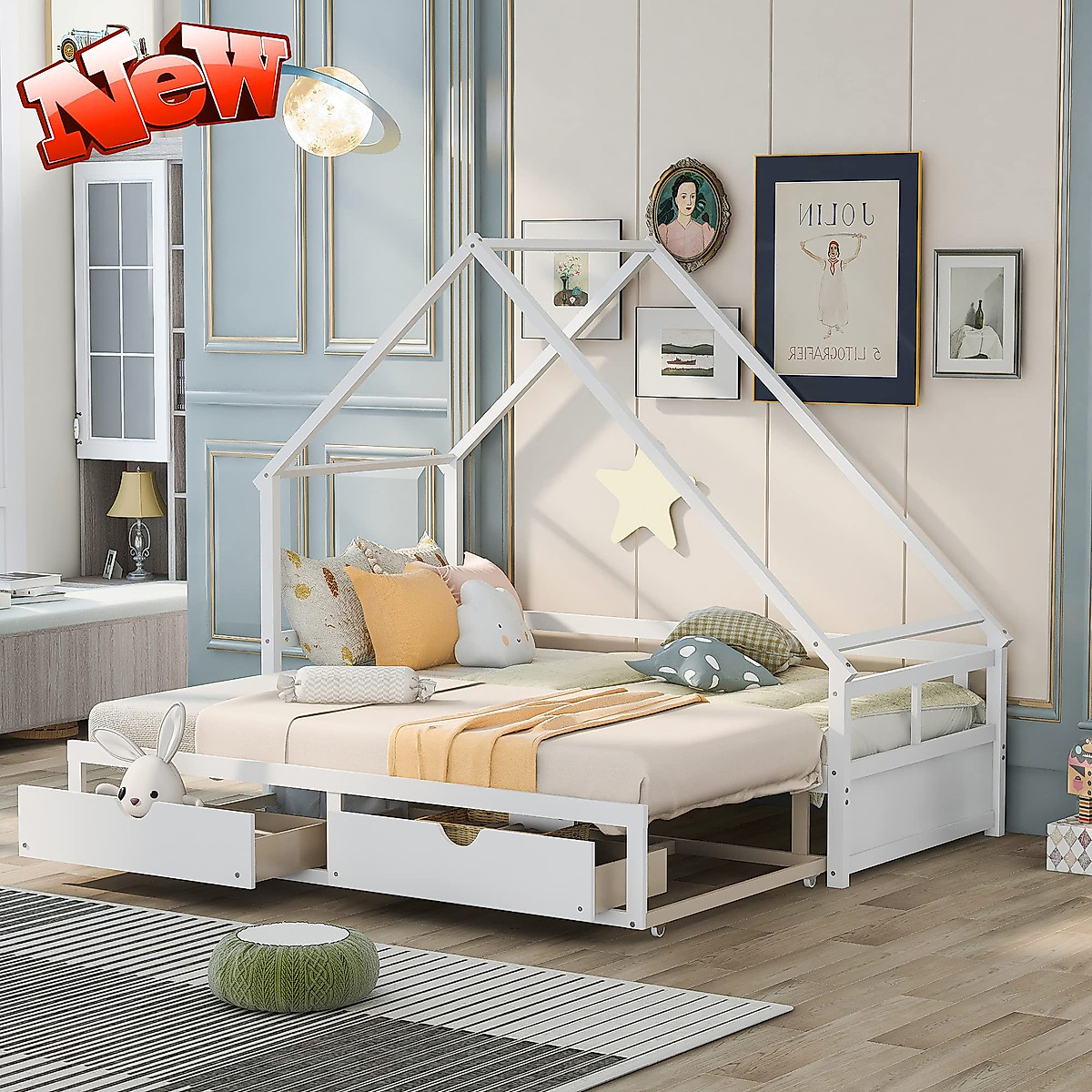 LEEKOUS STERXONE Best Wooden Daybed with Trundle Bed and Two Storage Drawers, Elegant Daybed Frame Can be Extendable from Twin to King Size, Kids House Bed Sofa Bed for Living Room Bedroom (White)