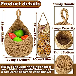 4 Pcs Jute Hanging Fruit Baskets for Kitchen Boho Hanging Wall Basket Handwoven Potato Garlic Onion Pantry Storage Baskets for Kitchen Wall Home Restaurant Vegetable Holder (Khaki, Classic Style)