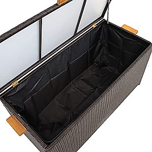 Sunnydaze Faux Wicker Outdoor Deck Storage Box with Acacia Wood Handles - 75-Gallon Patio Cushion Storage Bin with Hinged Lid - Organizer for Garage, Lawn, Pool, Porch and Garden - Brown