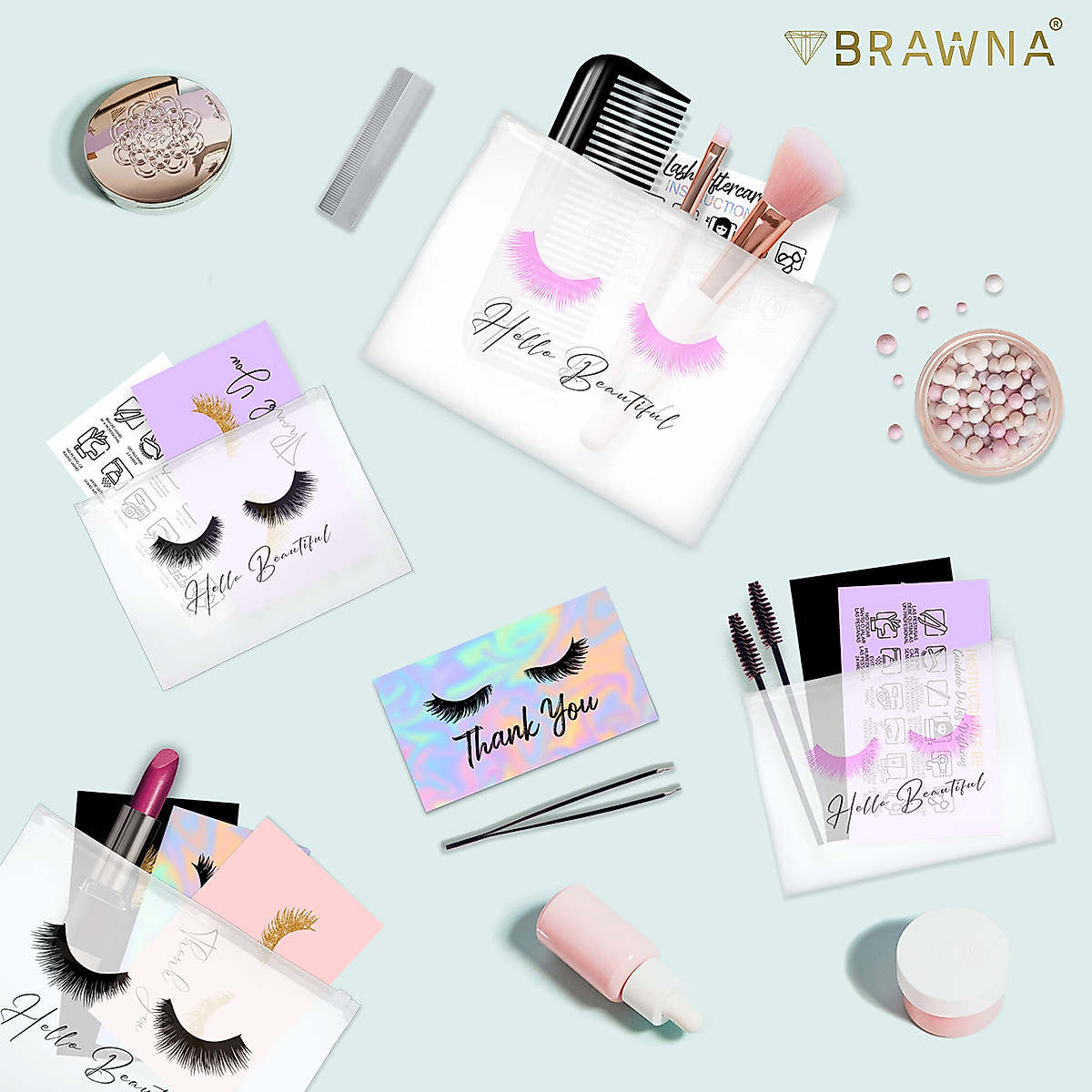 BRAWNA 60 Pck Reusable Travel Makeup and Accessory Bag - size 6x8 in - Pink Lash Bags, Case for Makeup Brushes in Bulk, Cute Collection