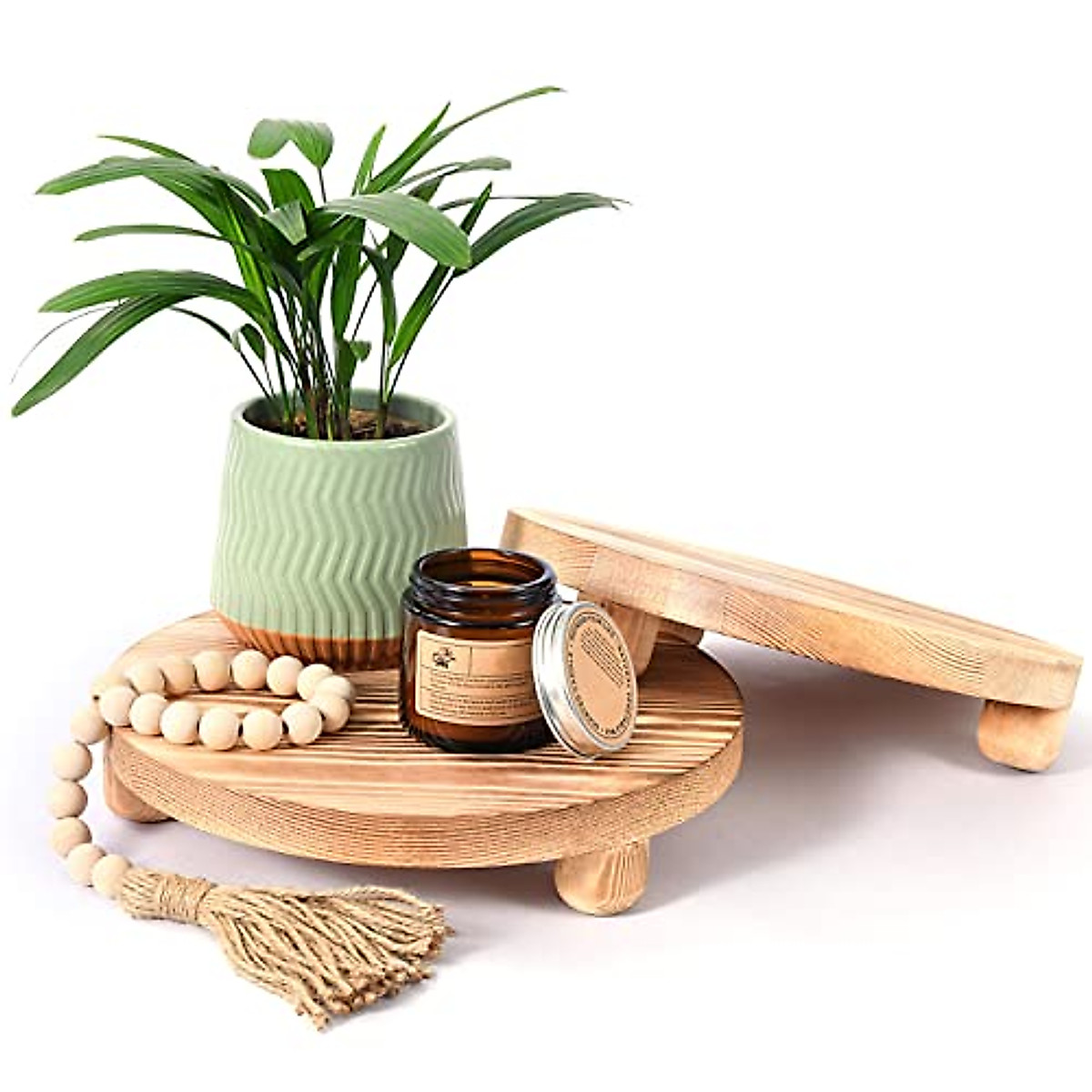 HULISEN Wood Risers for Decor, 10 Inch Round Wooden Pedestal Stand for Indoor Plant Pot Riser, Set of 2 Farmhouse Rustic Decorative Display Tray for Kitchen Counter and Bathroom Table (Natural)