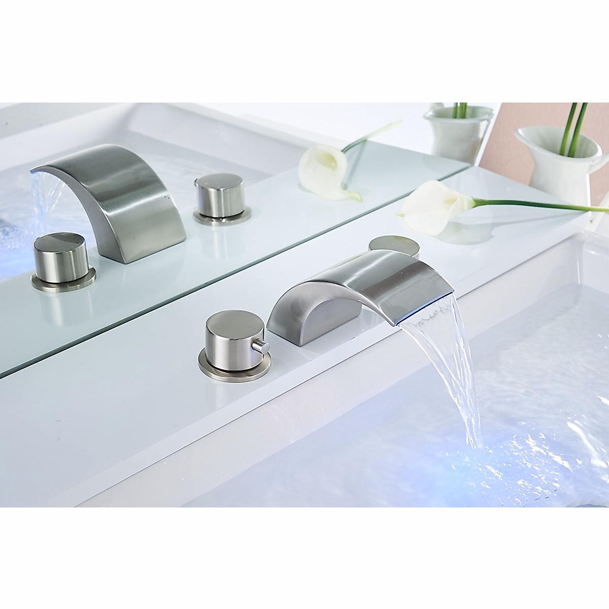 Bathfinesse 8-16 Inch LED Light Faucet Widespread Bathroom Sink Faucet Waterfall Vanity with 3-Color Changing 3 Holes with 2-Handles T Commercial Brushed Nickel Deck Mount Lavatory Faucets