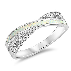 White Simulated Opal Double Shank Criss Cross Ring 925 Sterling Silver Band Size 7