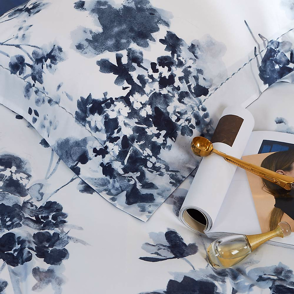 MILDLY 100% Long Staple Cotton Duvet Cover Set Navy Blue Leaves Printed Comforter Cover Set Watercolor Plant Floral