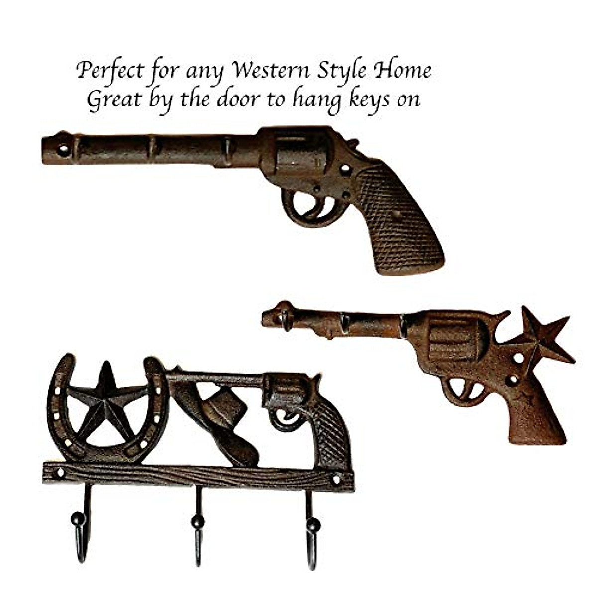 Urbalabs Western Cast Iron Rustic Country Wall Hooks Coat or Key Holder Wall Hook Mounted Decorative for Hats, Coats, Keys, Towels, Mudroom, Entryway, Mancave Bronze (Western 6 Shooter Star and Hat)
