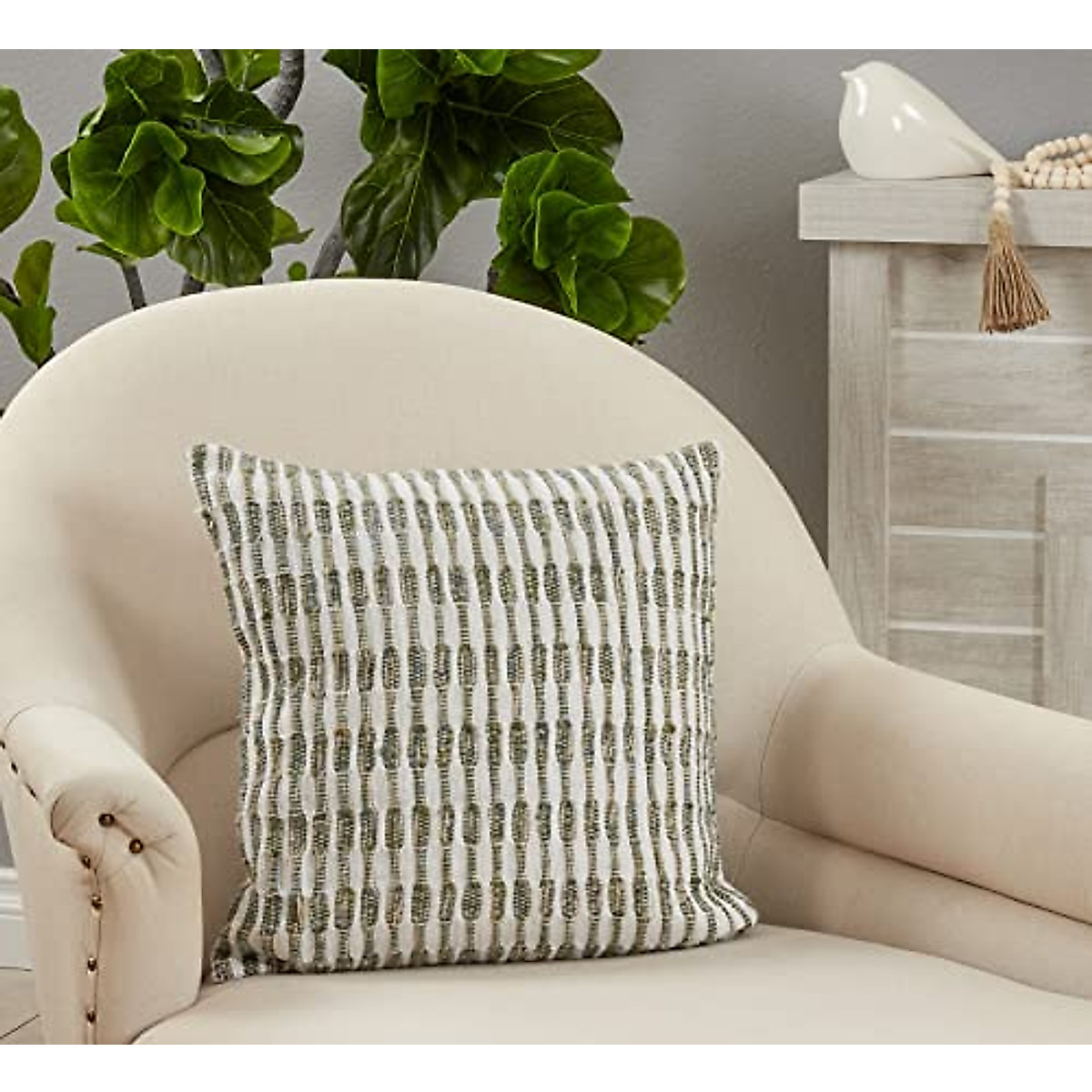 SARO LIFESTYLE Woven Line Throw Pillow with Poly Filling, Green, 22"