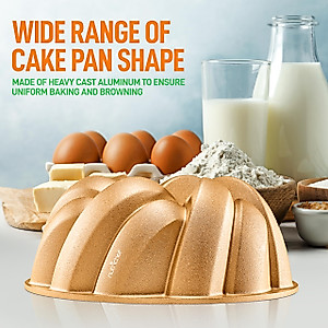 NutriChef 9-Inch Cake Pan - Heavy Die Cast Aluminum Cake Baking Mold with 2 Layers of Professional Nonstick Coating - Fluted Flow Design for Uniform Baking & Browning, Dishwasher Safe - Gold