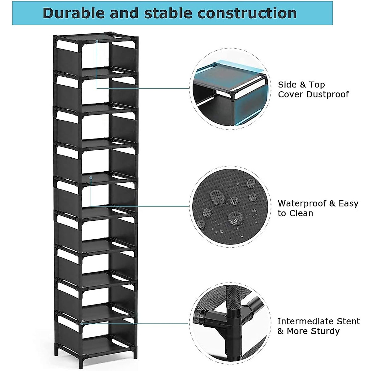 barsone 10 Tier Shoe Rack, Shoe Organizer Storage Shelf Stand Tower Stackable Shoe Rack, Space Saving Shoe Shelves for Closet Entryway Hallway Apartment Garage(Black)