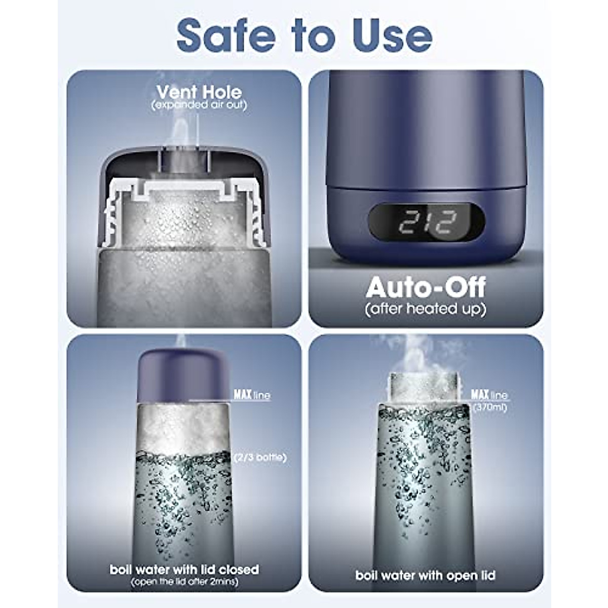 Travel Kettle, Portable Electric Kettle Small Water Boiler for Travel and Work, with Temperature Control and LCD Display, 370ML