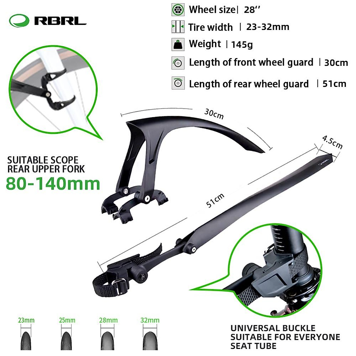 RBRL Bike Mudguard, Bicyle Fender for Road Bike, Adjustable Quick-Release Bike Fender for 700c Road Bike and Folding Bike