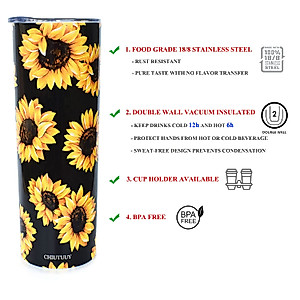 CHIUTUUY 2 Pack 20 oz Stainless Steel Skinny Sunflowers Tumblers Double Wall Vacuum Insulated Water Tumbler Cups with Lids, Straws and Cleaning Brush