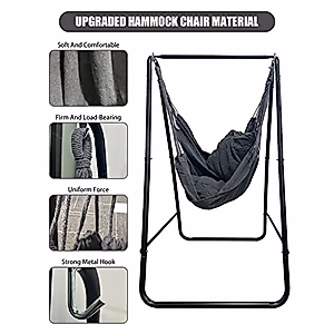 Hammock Chair Stand, Hammock Chair with Stand Including Large Hanging Indoor Swing with 2 Cushions, Hammock Swing Chair with Stand, Max 450 Lbs for Indoor, Outdoor, Patio, Yard (Grey)