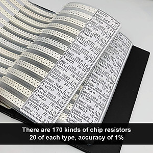 0603 SMD Resistor Kit, WEELON 4250pcs 0603 SMD chip Fixed Resistor Kit 170 Values 1 Ohm-10M Ohm 1% Resistors Assortment kit with Storage Book for DIY Projects, Respberry Pi Projects and Experiments