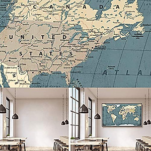 Welmeco Large Office Wall Decoration Retro Detailed World Map Canvas Prints with Premium Black Frame Vintage Push Pins Travel Map of The World Picture Artwork for Modern Home Office Living Room Decor