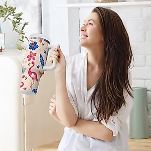 DIGTIA Stainless Steel Insulated Tumbler w/Handle & Straw, Flamingos Palm Tree Double Wall Vacuum Travel Coffee Mug Cup w/Lid, Leak-Proof Sports Tropical Water Bottle,30oz