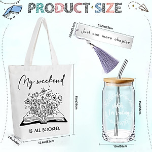 Inbagi Book Lovers Gifts Set Include 16oz Drinking Glass with Bamboo Lid and Straw for Library Tote Bag Stainless Steel Bookmark Gift for Reader Teacher Women(Elegant, 13 x 15 x 4'')