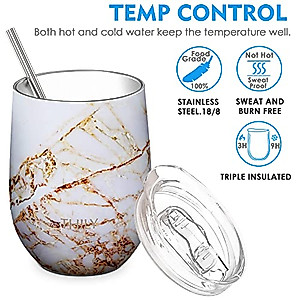 THILY Stainless Steel Insulated Wine Tumblers 12 oz Cute Travel Stemless Glasses with Sliding Lids and Metal Straws, Keep Hot or Cold for Wine, Coffee, Juice, 2 Pack(Gold Marble + Blue Marble)
