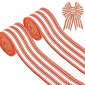 Whaline 2 Rolls Fall Thanksgiving Wired Ribbon Autumn Farmhouse Wired Edge Ribbon Orange Stripe Craft Ribbon for Bow Making Gift Wrapping Sewing Wreath Decoration, 2.5 Inch, 12 Yard