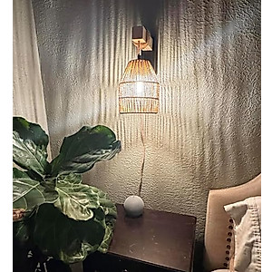 ZECOXOL Rattan Wall Sconce Boho Decor Plug in Set of Two Wicker Lamp with Cord Dimmable Woven Hanging Lamps That Into Outlet Rustic Light for Bedroom Living Room Black 001