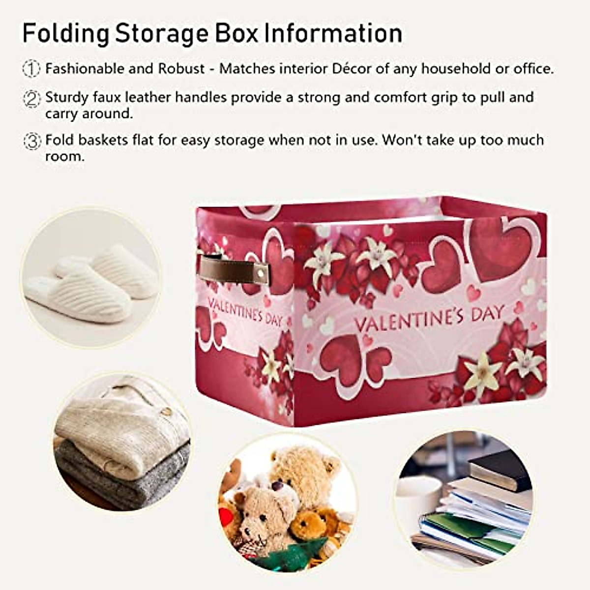 senya Valentine's Day Basket, Valentine's Day Beautiful Flowers and Hearts Foldable Fabric Collapsible Storage Bins Organizer Bag for Storage Clothes