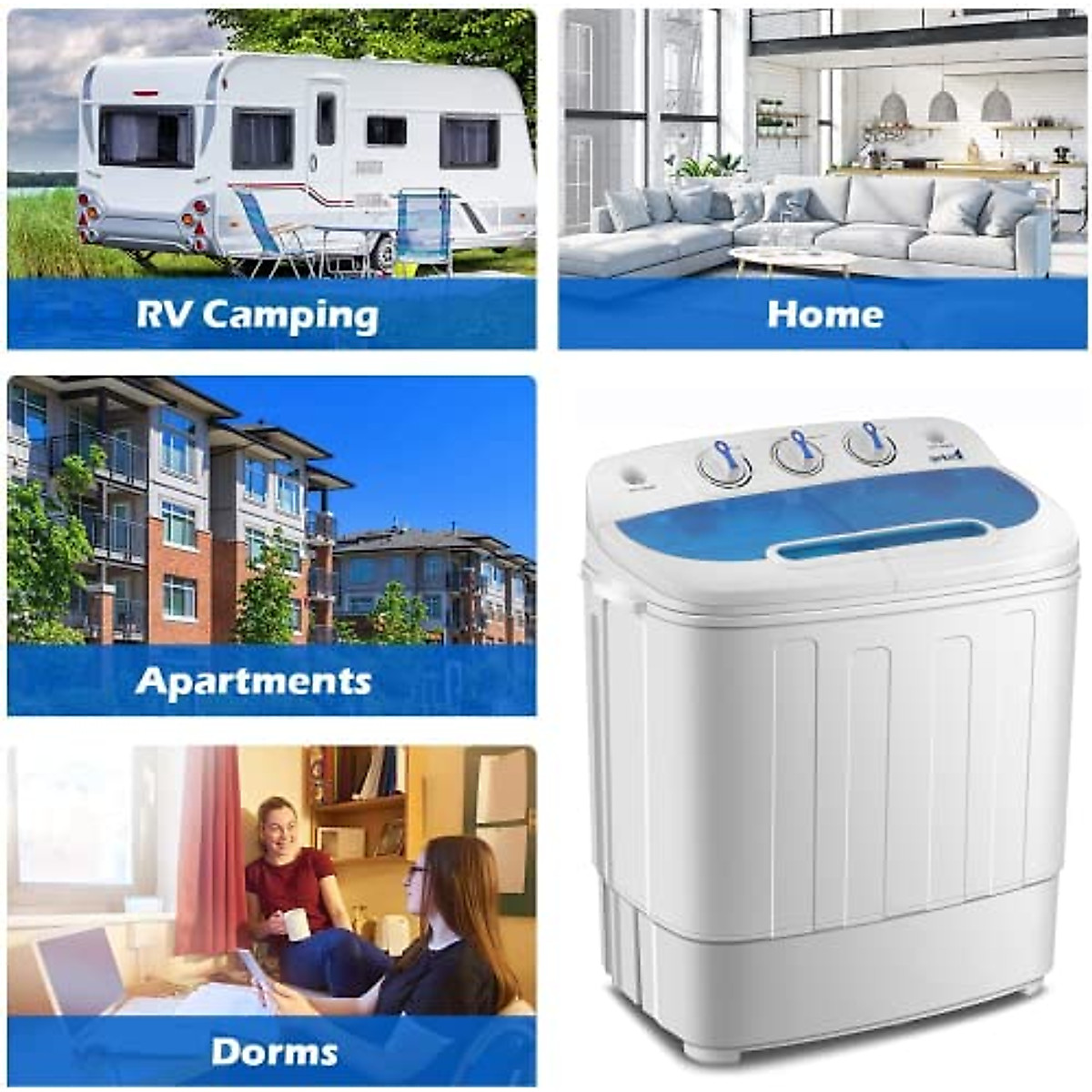 Imseigo Compact Portable Mini Compact Twin Tub with Built-in Drain Pump Washing Machine 13Lbs Washer Spain Spinner Portable Washing Machine Blue+White