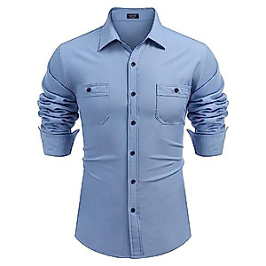 COOFANDY Mens Casual Dress Shirts Slim Fit Button Down Shirt with Two Chest Pockets Light Blue