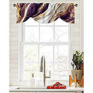 Sabolny Marble Purple Tie Up Valance Curtain for Kitchen Living Room Bedroom Bathroom Cafe, Rod Pocket Small Short Window Drape Panel Adjustable Drapary Print, Abstract Gold White Modern Art 54"x18"
