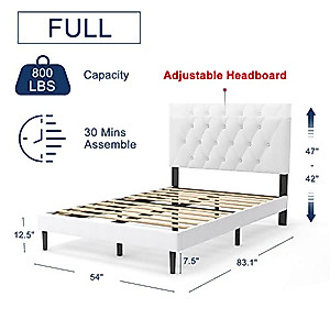 Molblly Full Size Platform Bed Frame with Adjustable Headboard, Linen Fabric Wrap, Strong Frame and Wooden Slats Support, No Box Spring Needed, Non-Slip and Noise-Free, Easy Assembly, White