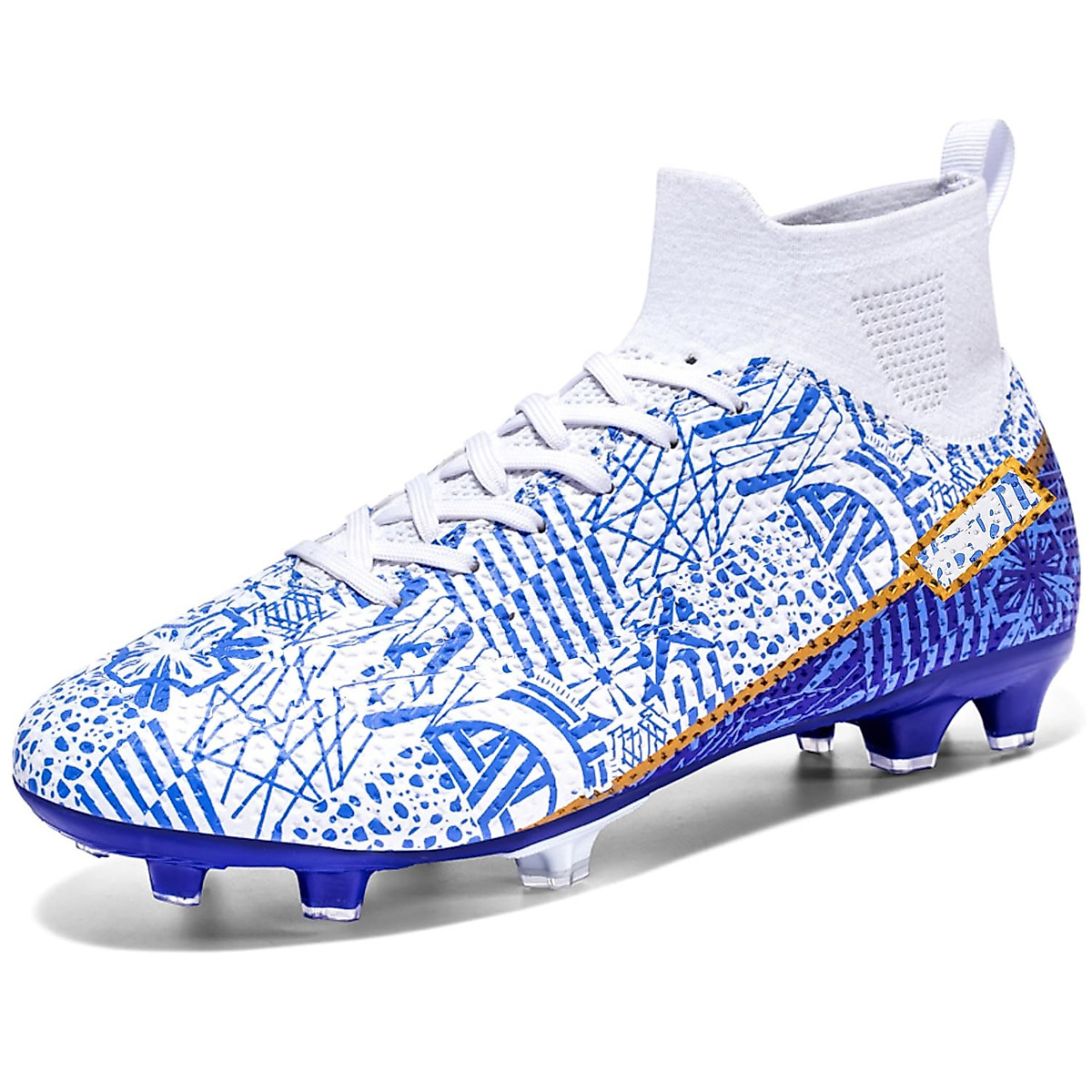 WINGFAI Men's Soccer Shoes Outdoor Turf Indoor Soccer Training Sneaker Professional High-Top Athletic Football Boots Breathable Cleats White Blue 11 US