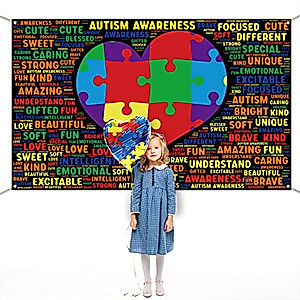 Nepnuser Autism Awareness Photo Booth Backdrop Puzzle Piece Love Heart April Decoration Be Kind Indoor Outdoor Wall Decor-5.9×3.6ft