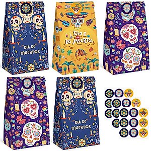 VGOODALL 27PCS Halloween Party Favor Bags, Day of the Dead Treat Bags Paper Goodie Bags Candy Bags with Stickers for Party Favor Supplies 3 Designs