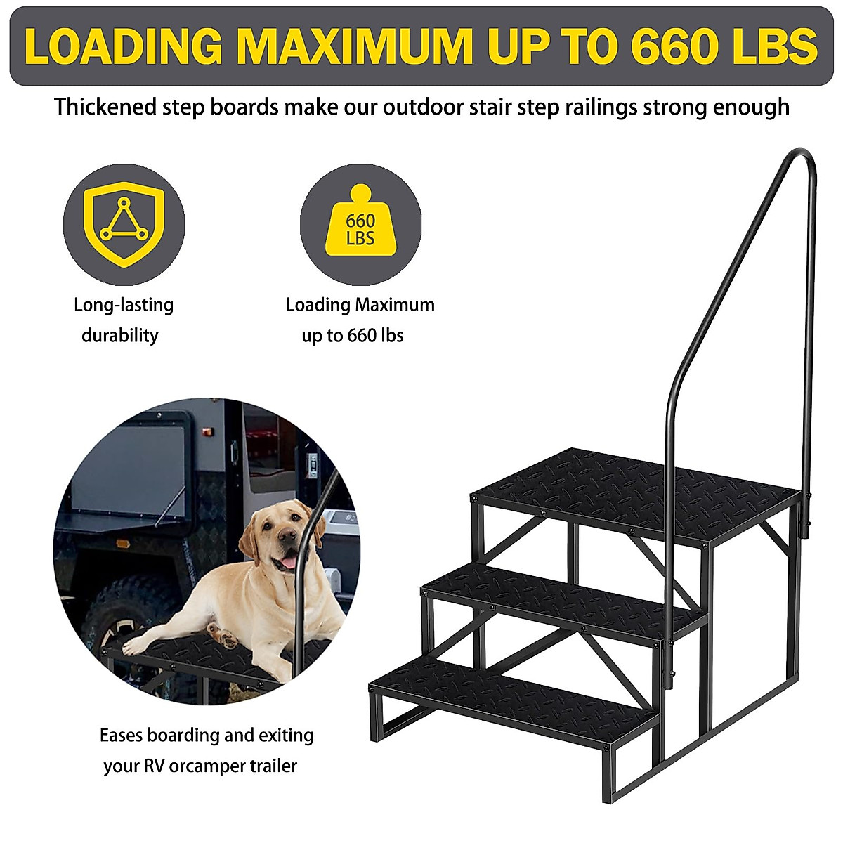 Pool Ladder, 3 Step Outdoor Steps 660 LBS Load Capacity, Portable RV Steps with Handrail and Non-Slip Platform, Mobile Home Steps Camper Accessories as Gifts for Campers and RV Travelers (3 Step)