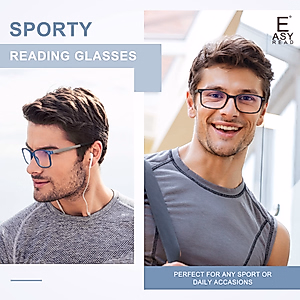 EASY READ 2 Pairs Sporty Style Reading Glasses for Men，Rectangular TR90 Blue Light Blocking Readers with Spring Hinge(Magnification 1.50,Black/Blue)