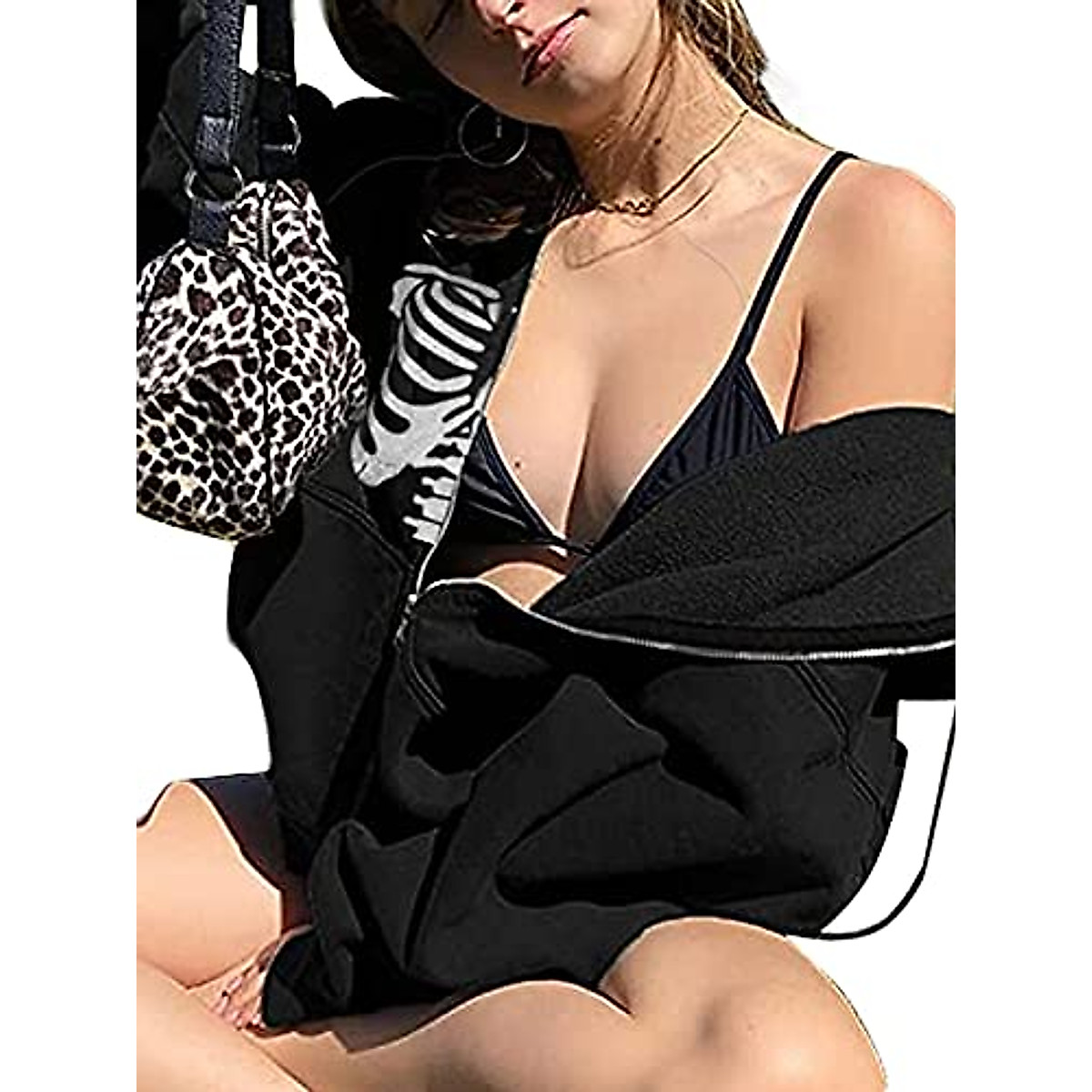 Women's Y2K Hoodie Vintage Skeleton Print Oversized Zip up Sweatshirt Pullover Sweatshirt 90S Cardigan Streetwear (Black Skeleton, Large)