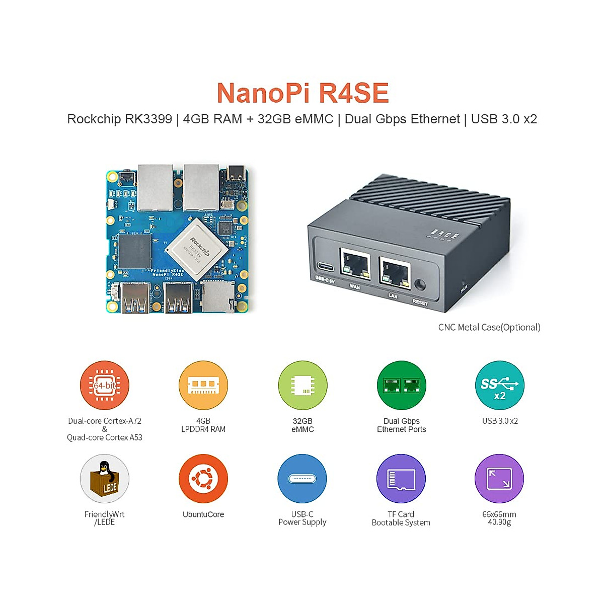 Nanopi R4SE Mini Portable Computer WiFi Router OpenWRT with Dual Ethernet Ports LPDDR4 4GB RAM +32GB eMMC Based in RK3399 Soc for IOT NAS Smart Home Gateway Support Linux Ubuntu (No MAC Chip)