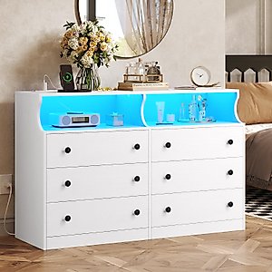 Hasuit 6 Drawer Dresser with LED Lights and Charging Station, Wide Chest of 6 Drawers with Open Space, Modern Large Capacity Storage Cabinet, White Dresser for Bedroom, Living Room, Hallway