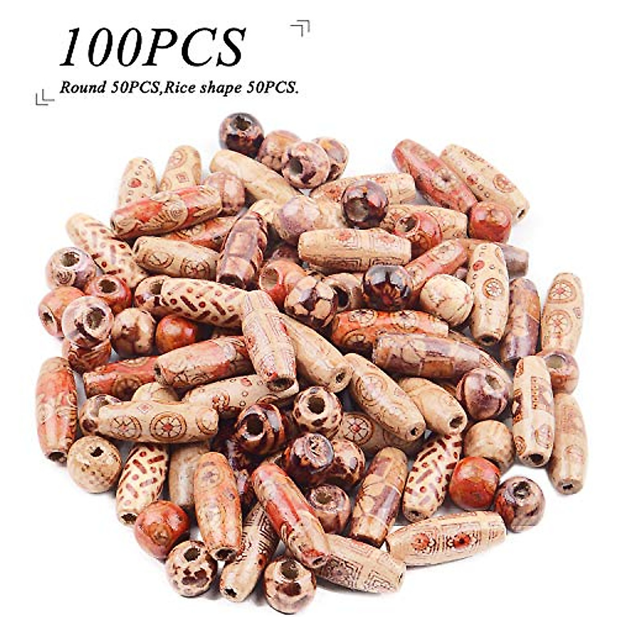 100 Pieces Round Printed Pattern Wooden Beads Oval Shape Wood Loose Spacer Beads for DIY Jewelry Making Hair Crafts, 2 Sizes