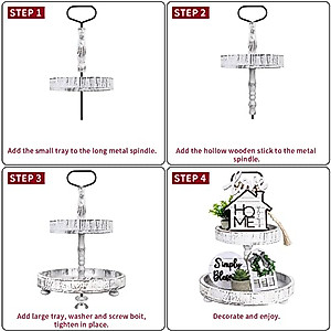 Rustic Wooden Tiered Tray, Farmhouse Decorative Tray, Round Serving Tray with Metal Handle for Home Kitchen Shelf Dinning Table Seasonal Holiday Decorations, White