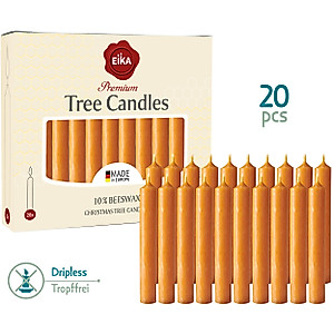 Eika Premium 10% Beeswax Tree Candles - Pack of 20 Honey Colored Natural Christmas Wax Candles for Pyramids, Carousels & Chimes - Made in Europe