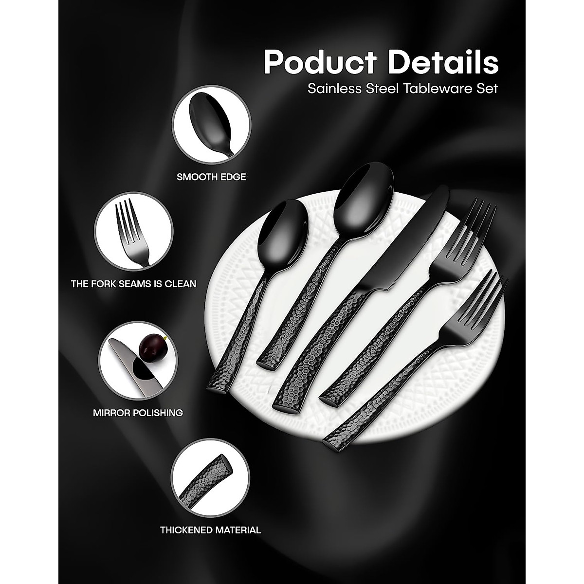 EUIRIO 48-Piece Black Hammered Silverware Set for 8, Stainless Steel Flatware Set with Steak Knives, Mirror Polished Tableware Cutlery Set, Include Forks Spoons and Knives Set, Dishwasher Safe