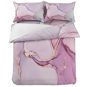 Pink Gradient Marble Golden Veins Duvet Cover Sets 4 Piece Queen Ultra Soft Bed Quilt Cover Set for Kids/Teens/Women/Men,Modern Abstract Ink Painting Art Bedding Collection All Season Use
