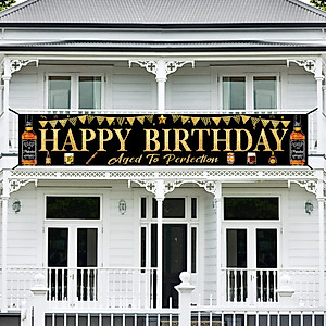 Whiskey Birthday Banner Decorations for Men, Large Black Gold Aged to Perfection Birthday Yard Banner Sign Party Supplies, Whiskey Themed Happy Birthday Photo Booth Props Decor for Indoor Outdoor