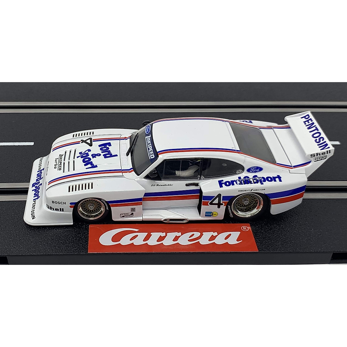 Carrera 30926 Ford Capri Zakspeed Turbo Lili Reisenbichler No. 4 1:32 Scale Digital Slot Car Racing Vehicle for Carrera Digital Slot Car Race Tracks, White, Blue, Red