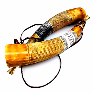 Viking War Horn Genuine Ox-Horn Battle Trumpet - Premium Hand Engraved Horn Viking Norse Cattle Ancient Horn Bugle Hunting Tool BATTLE HORN BLOWING HORN VIKING BUGLE HORN & Brass With Wooden Stand 16"