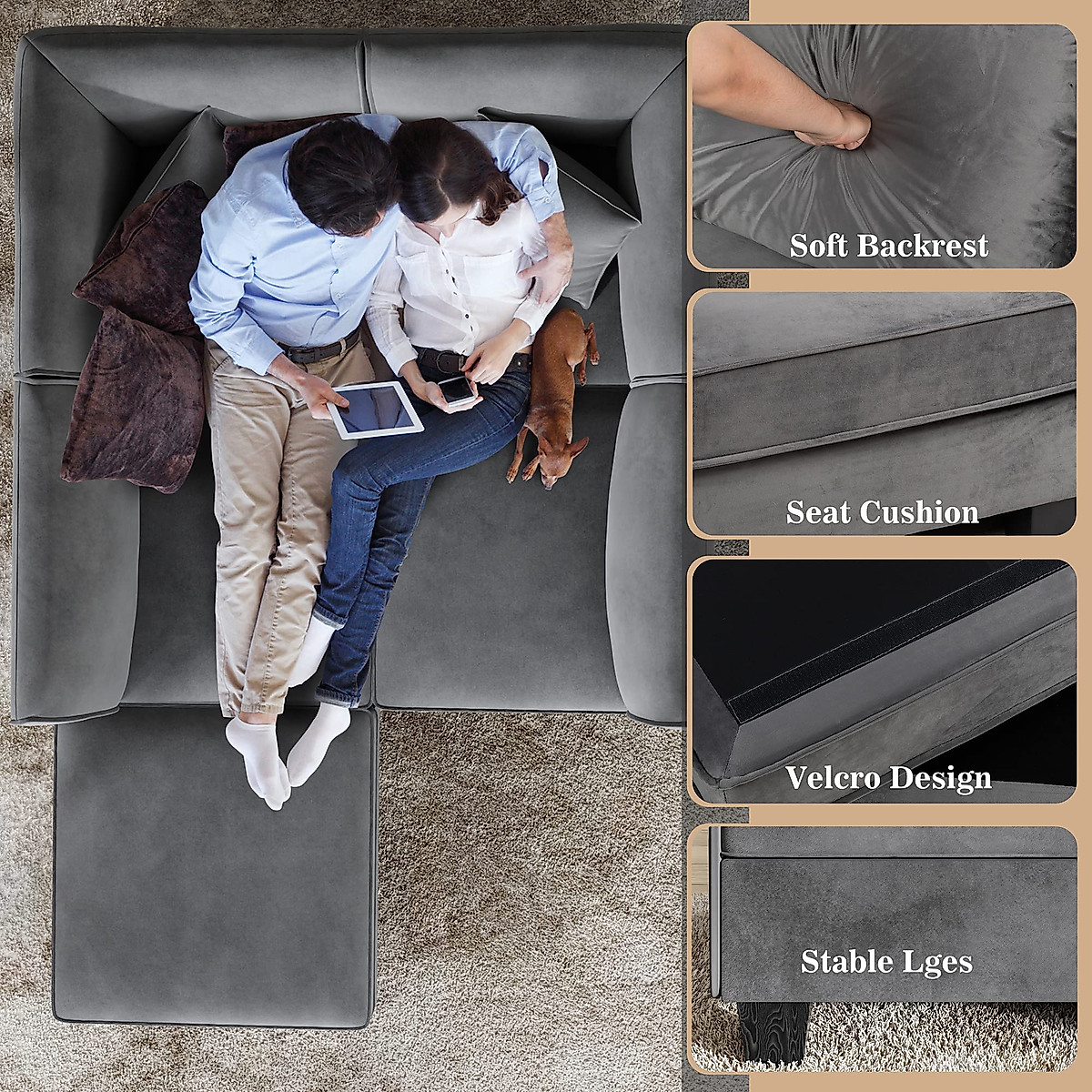 Vongrasig 5 Pieces Sectional Couch Modular Sofa with Reversible Chaise 116" Velvet L-Shaped Couch Sofa 4-seat Modular Large Sectional Couch with Ottoman for Living Room, Upholstered Cushion (Grey)