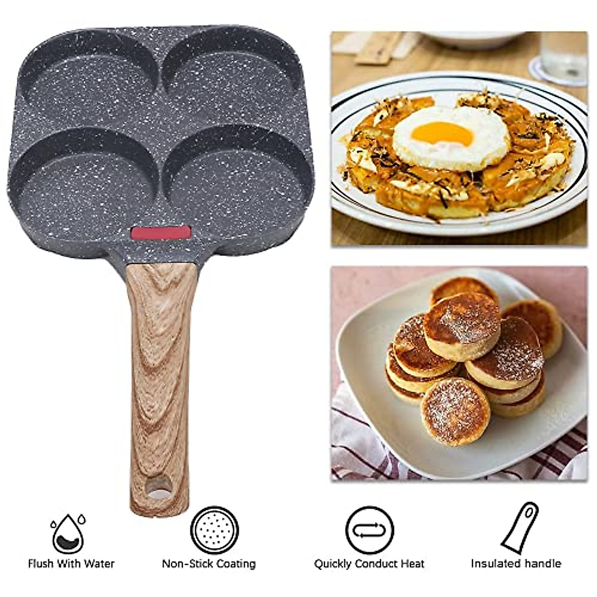 Bobikuke Egg Frying Pan, Fried Egg Pan Nonstick 4 Cups Pancake Pan Aluminium Alloy Cooker for Breakfast, Egg Pan Suitable for Gas Stove & Induction Cooker,100% Free of PFOS (Black)